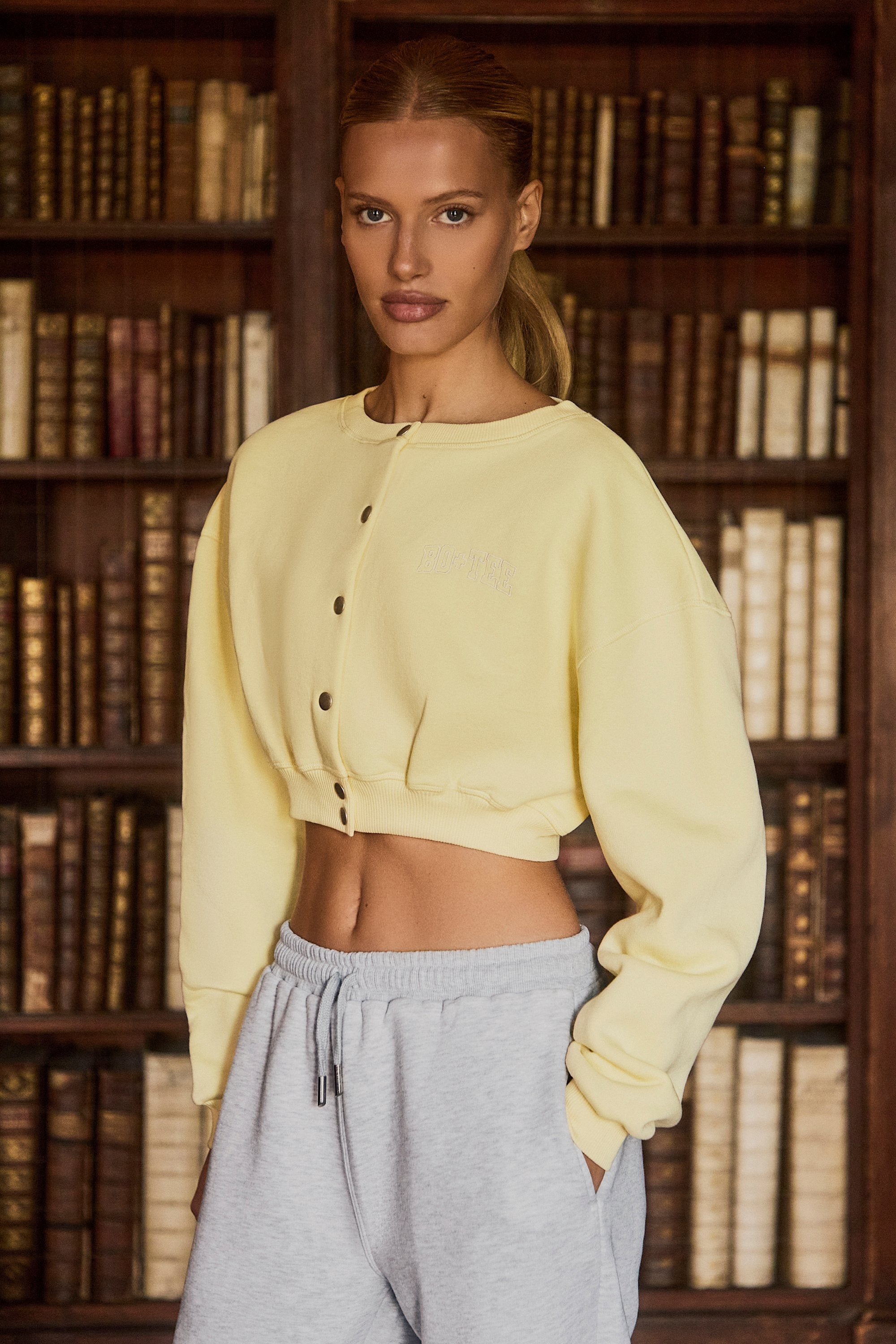 Premium Brushed Jersey Button-Up Cropped Cardigan in Soft Yellow – Bo+Tee