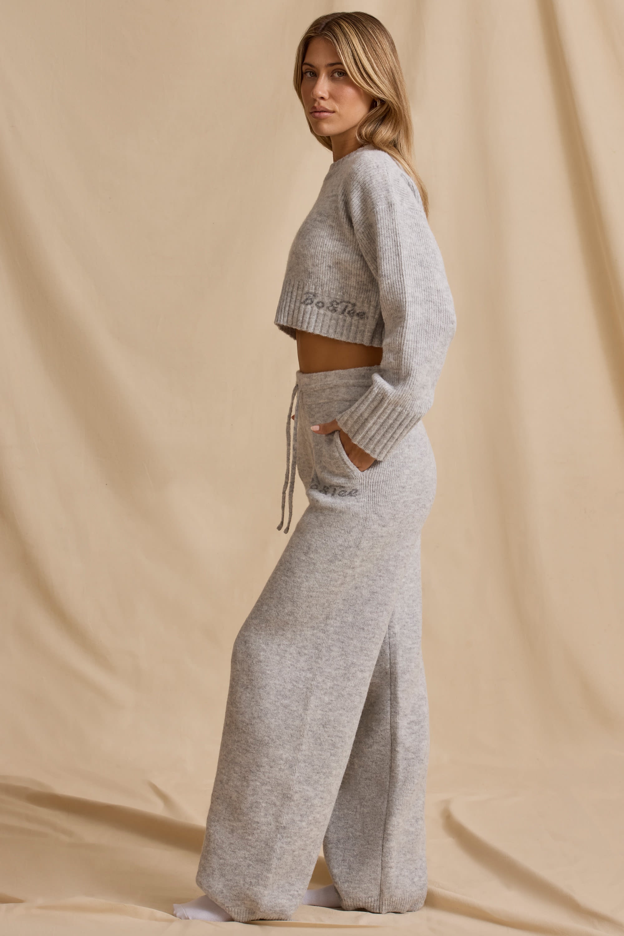 Ribbed Knit Mid-Rise Wide-Leg Joggers in Ice Marl – Bo+Tee