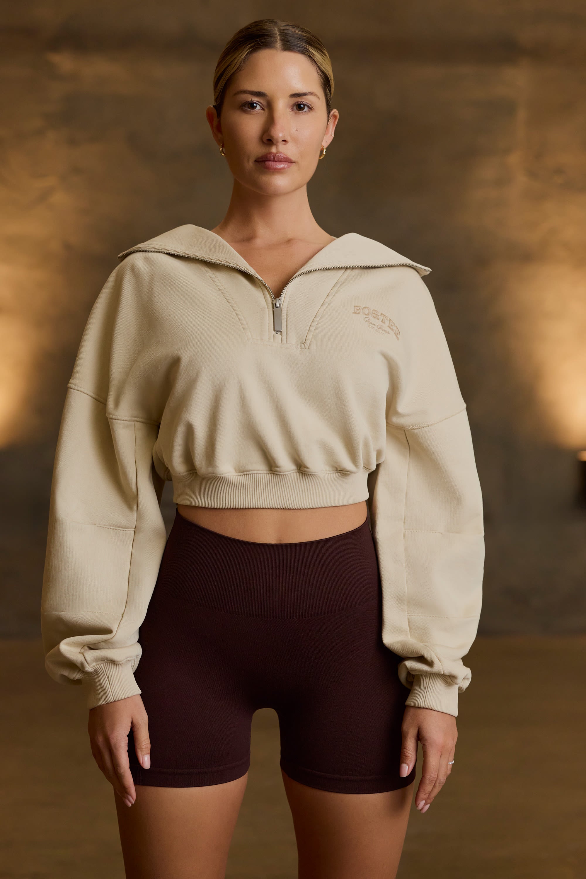Quarter-Zip Cropped Sweatshirt in Bone – Bo+Tee